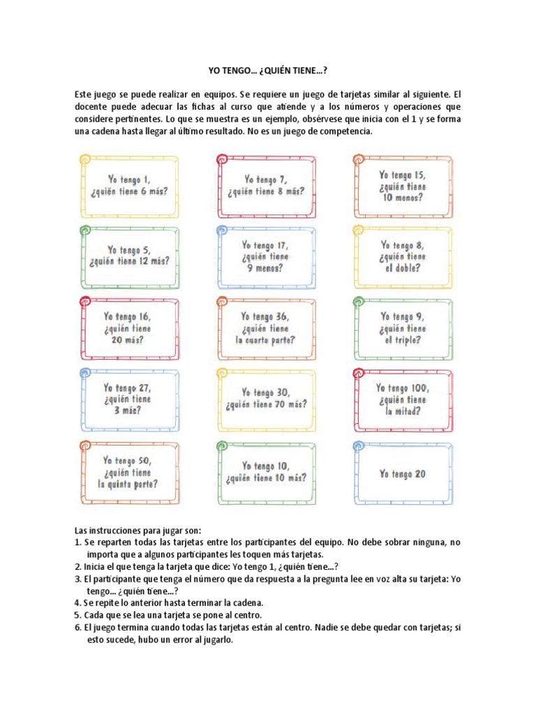 Juego Yo Tengo Quien Tiene Sentido Numerico | PDF