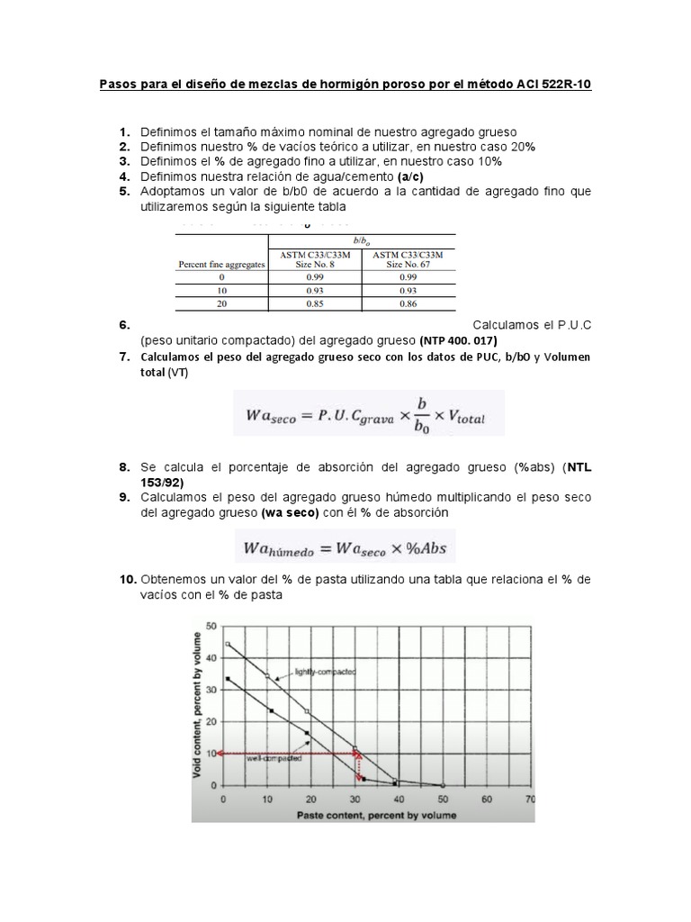 Pasos para el diseño de mezclas de hormigón poroso por el método ACI 522R[1] (1) | PDF