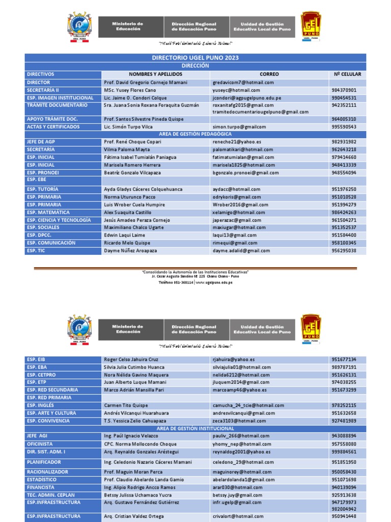 Directorio Ugel Puno 2023 | PDF