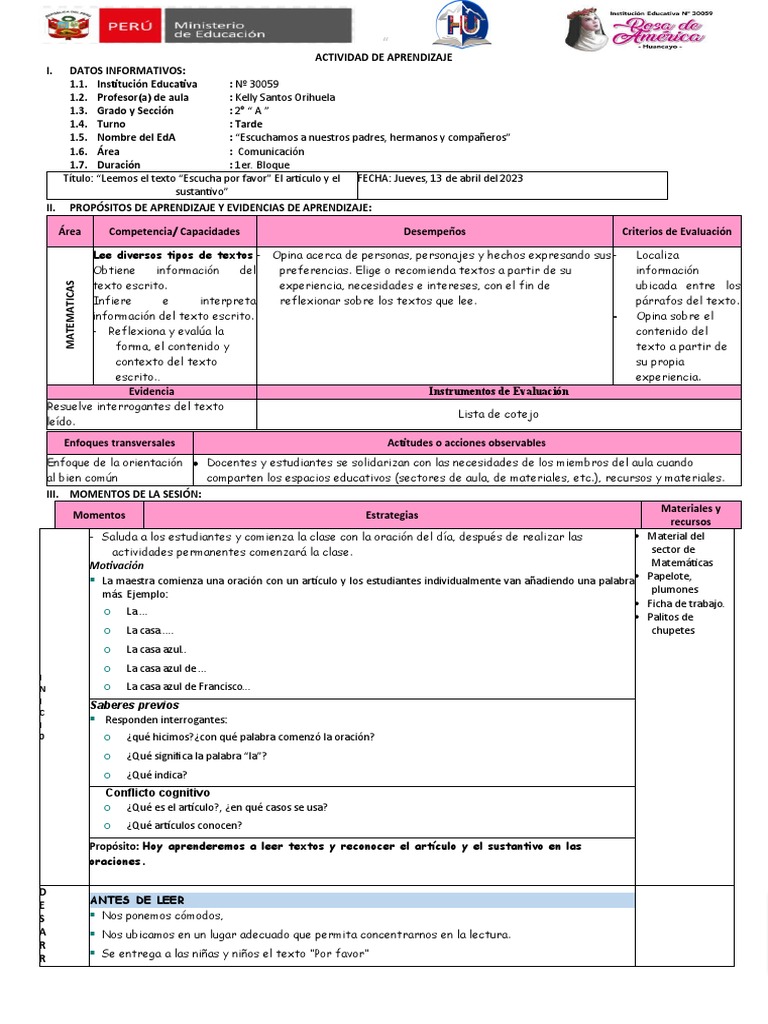 1RA SESION DE COMUNICACIÓN Leemos El Texto Escucha Por Favor | PDF ...