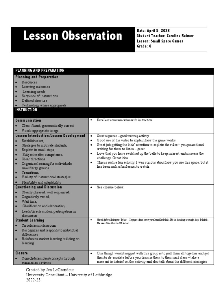 Caroline Reimer Apr 5 Ps II Lesson Plan Observation | PDF