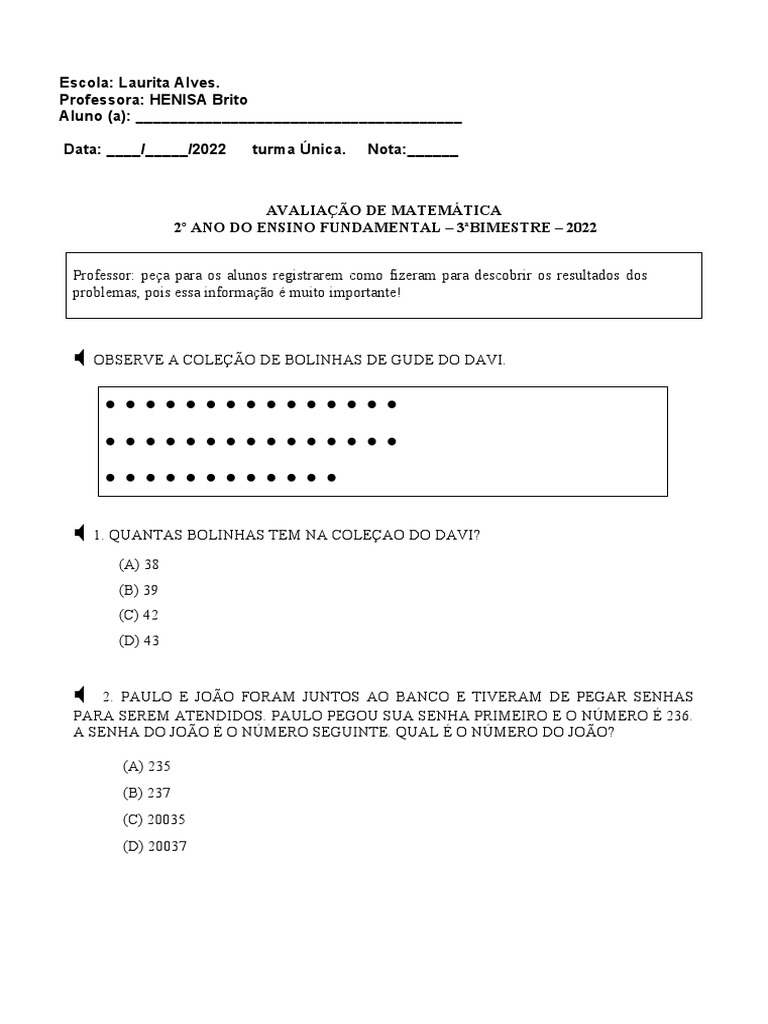 Avaliação De Matemática 3 Bimestre 2 Ano 2 Pdf