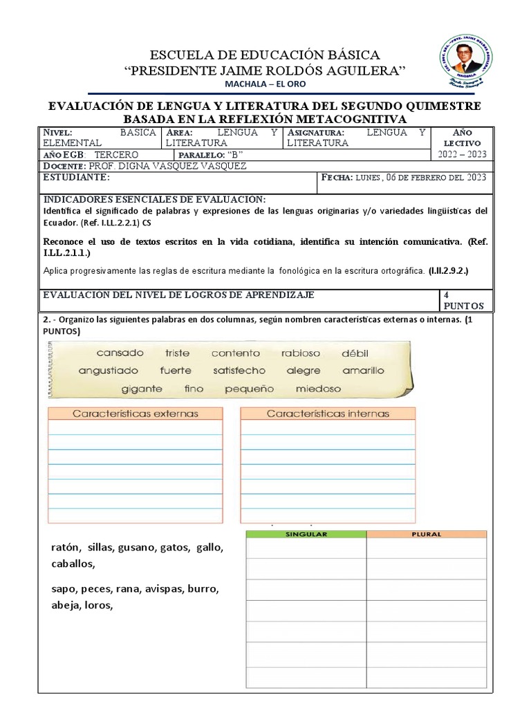Evaluacion de Lengua y Literatura Del Segundo Quimestre | PDF | Cognición | Comunicación humana