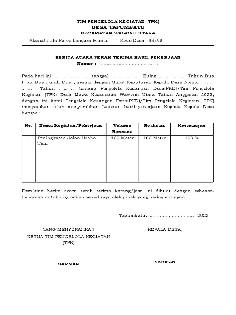 Berita Acara Serah Terima TPK 2022 | PDF