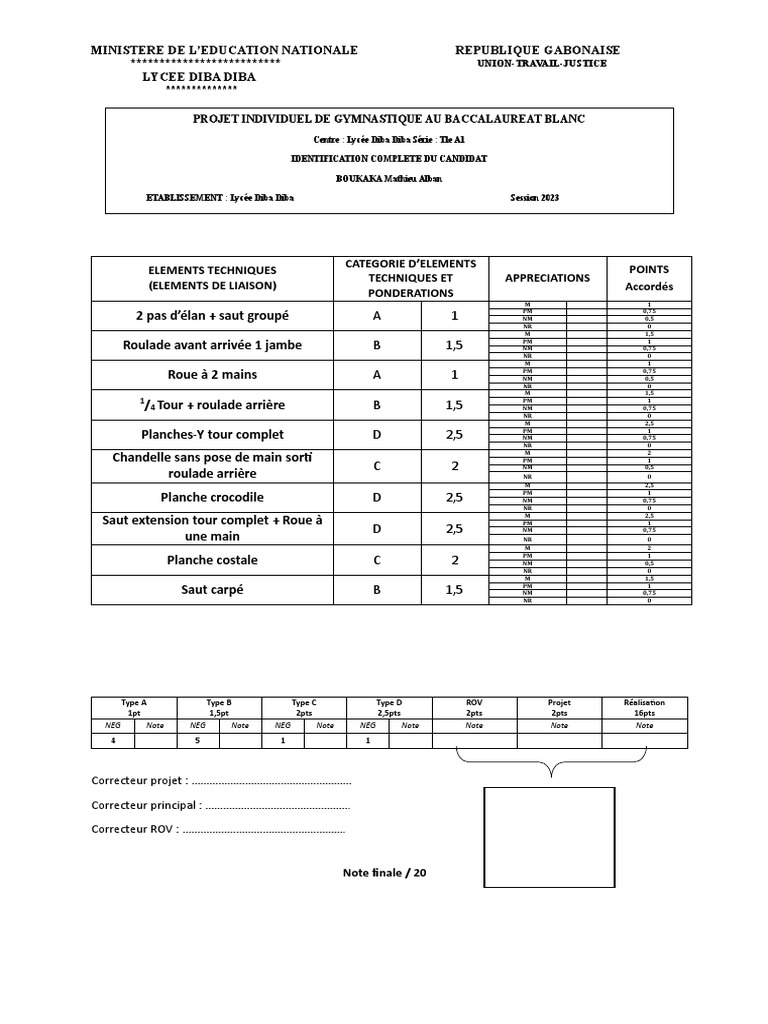 Projet de Gymnastique Bac Gabon 2023 | PDF