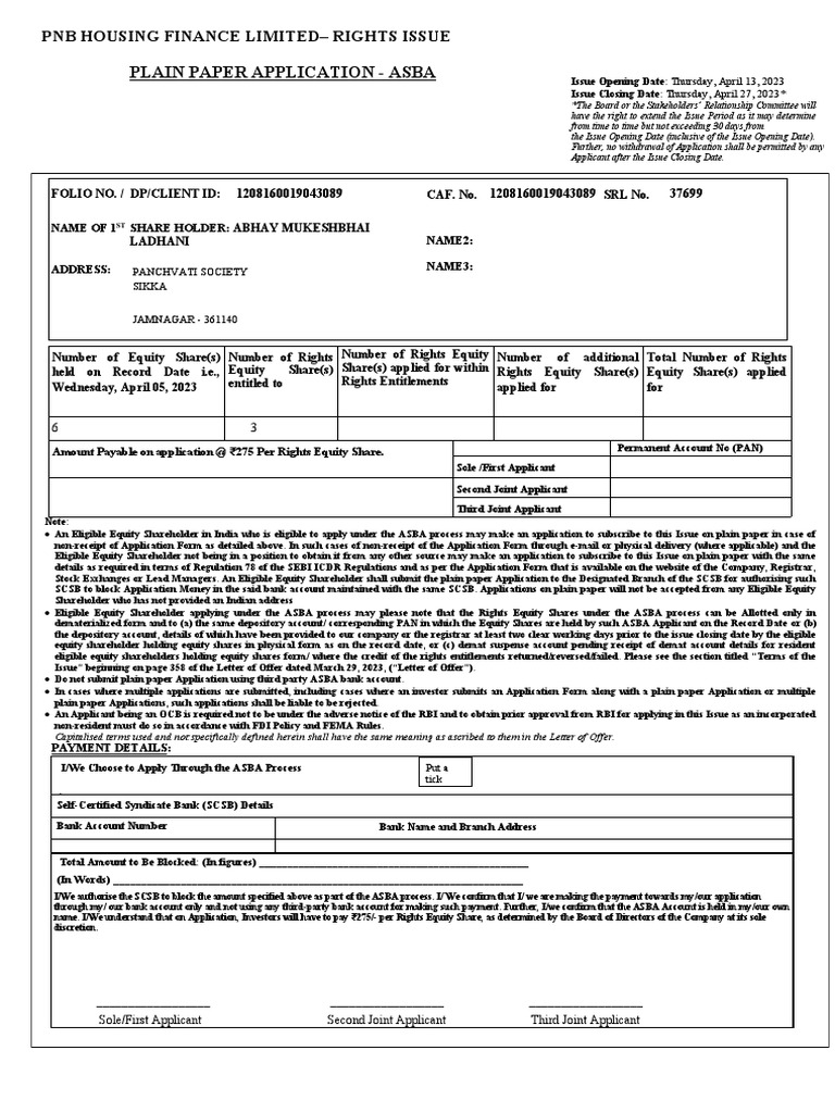 PNB Housing Finance Rights Issue Details | PDF | Securities Act Of 1933 ...