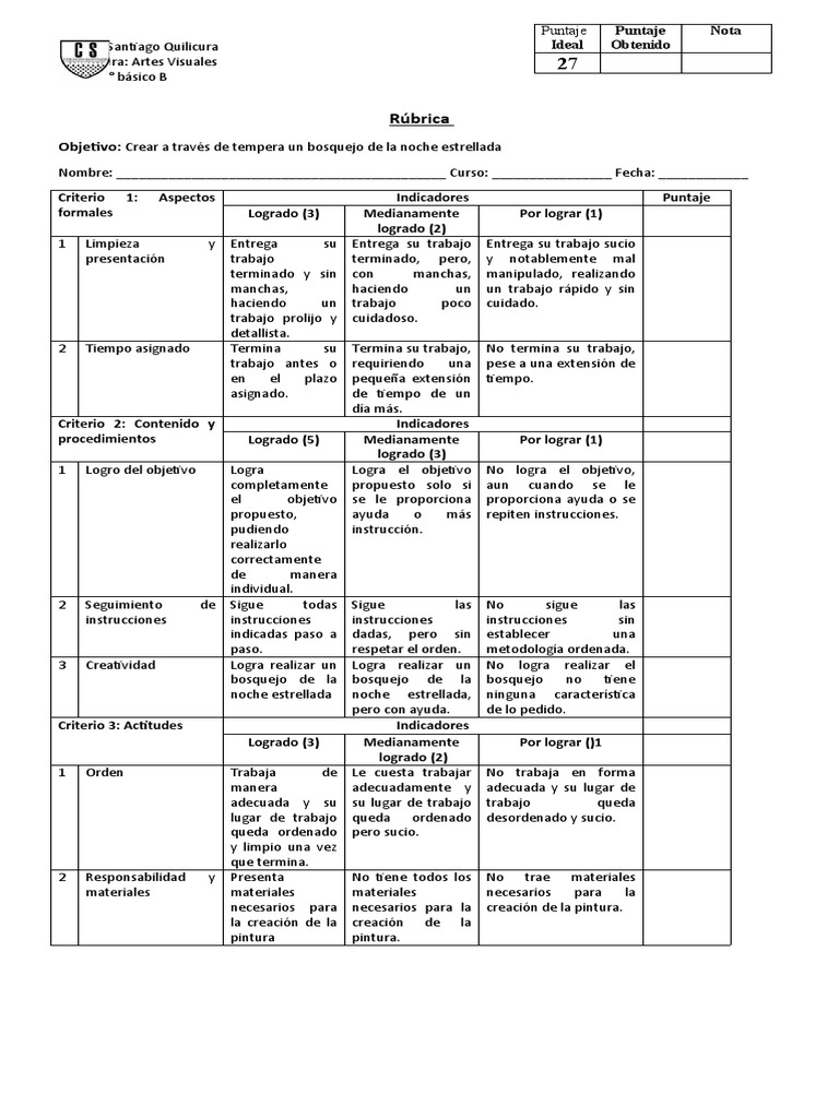 rubrica la noche estrellada 3°b | PDF