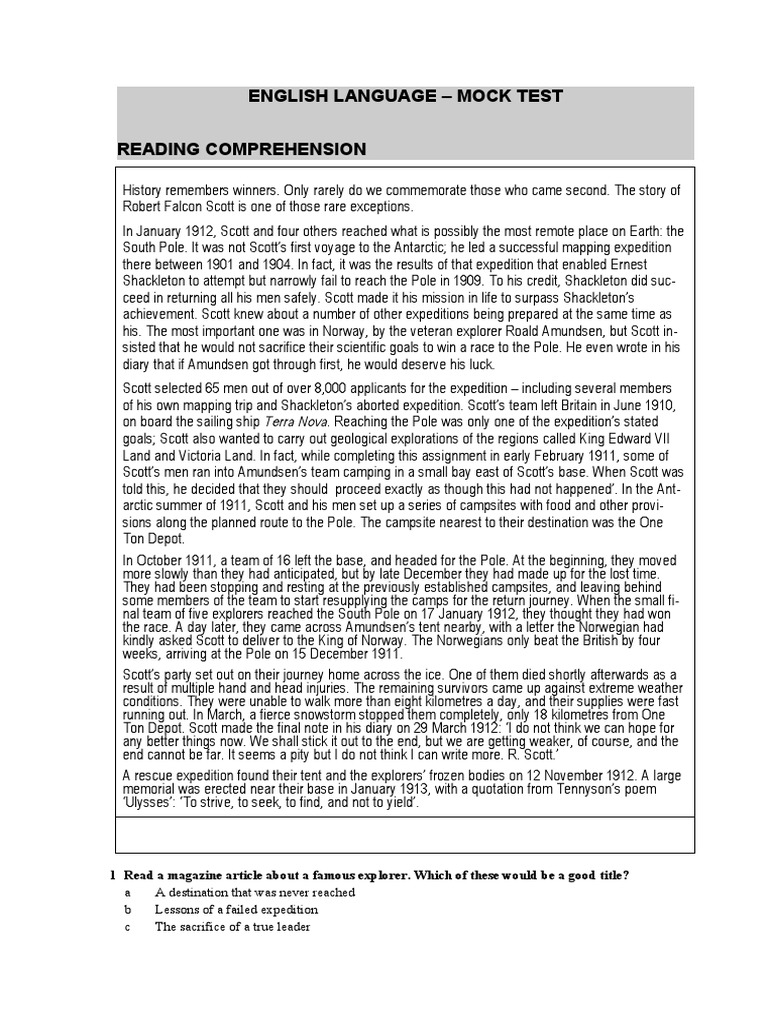 English Language - Mock Test | PDF | Robert Falcon Scott | Ernest ...