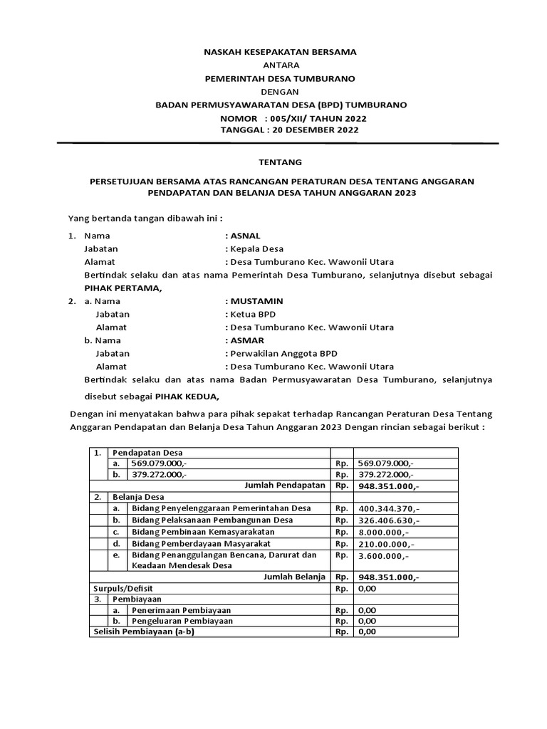 NOTA KESEPAKATAN BPD Dan KEPUTUSAN BPD | PDF