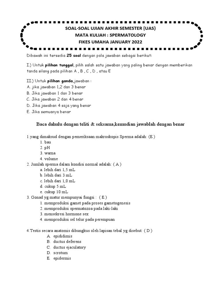 Soal UAS Spermatoogis FIKES UMAHA 2022 | PDF | Sains & Matematika
