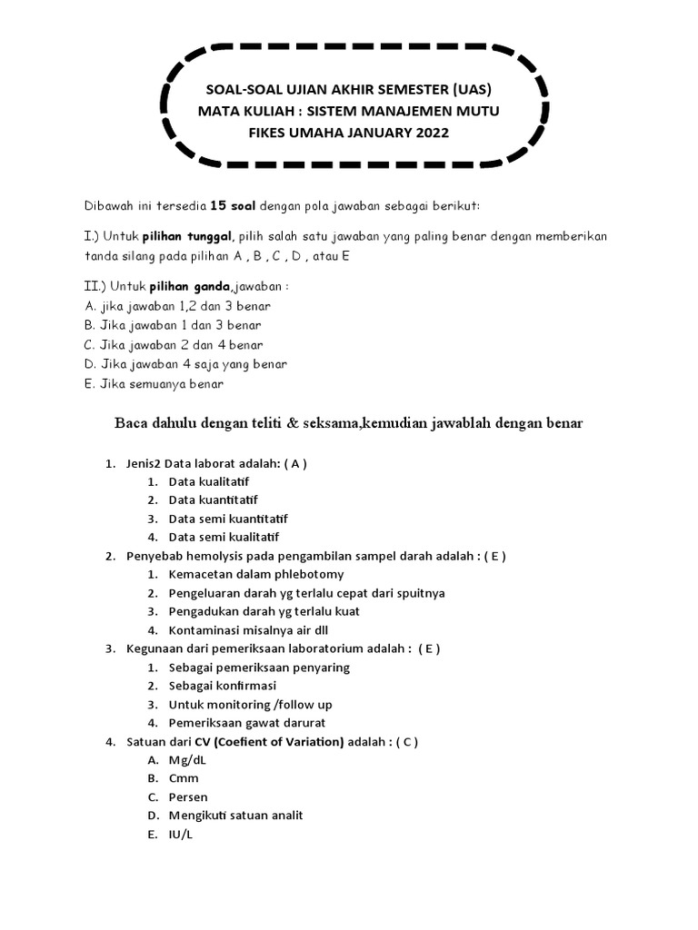 Soal Uas Manajemen Mutu Umaha 2022 | PDF | Kesehatan Holistik