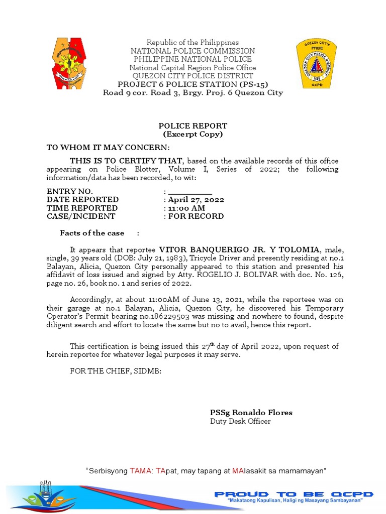 Police Report Loss, Victor | PDF