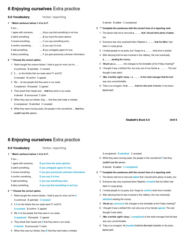 Reporting Verbs: Matching Sentence Halves and Completing Sentences with ...