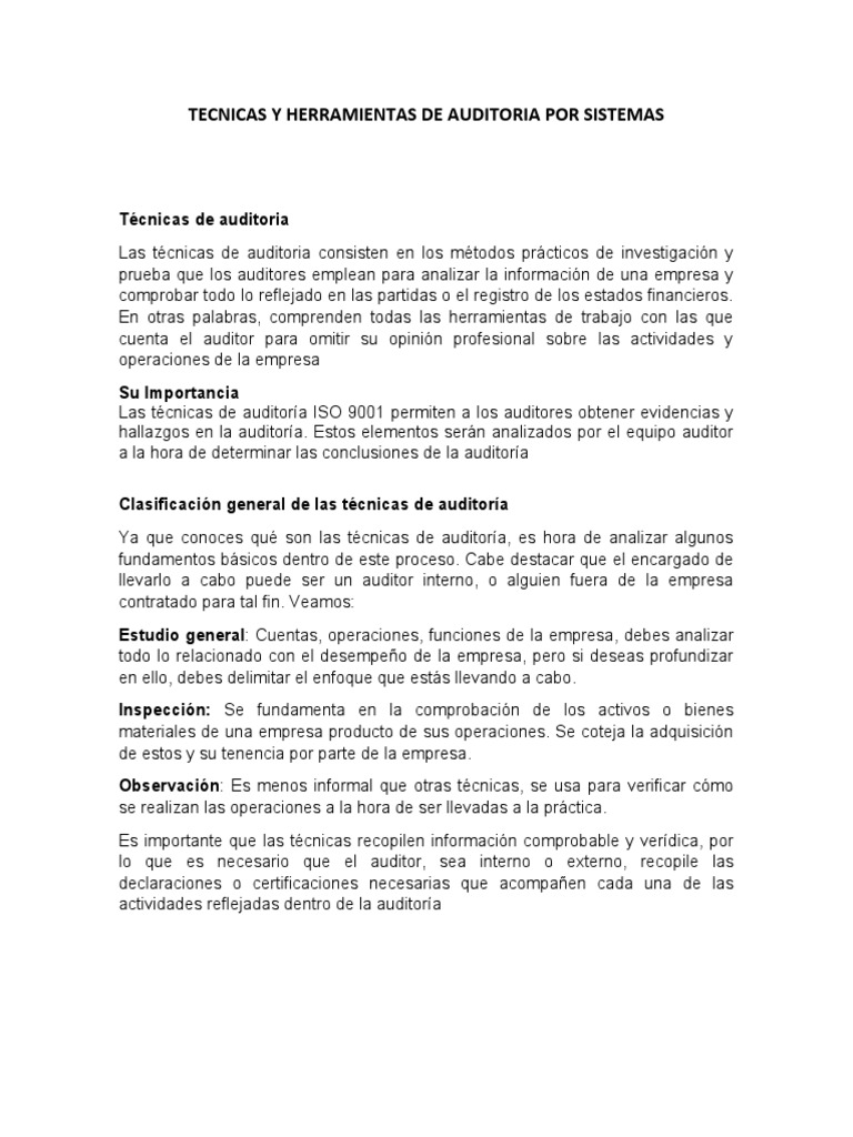 Tecnicas y Herramientas de Auditoria Por Sistemas | PDF | Auditoría ...