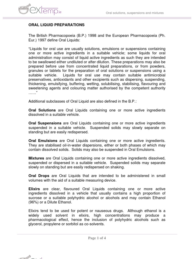 Oral Solutions, Suspensions and Mixtures: Page 1 of 4 | PDF | Solution ...