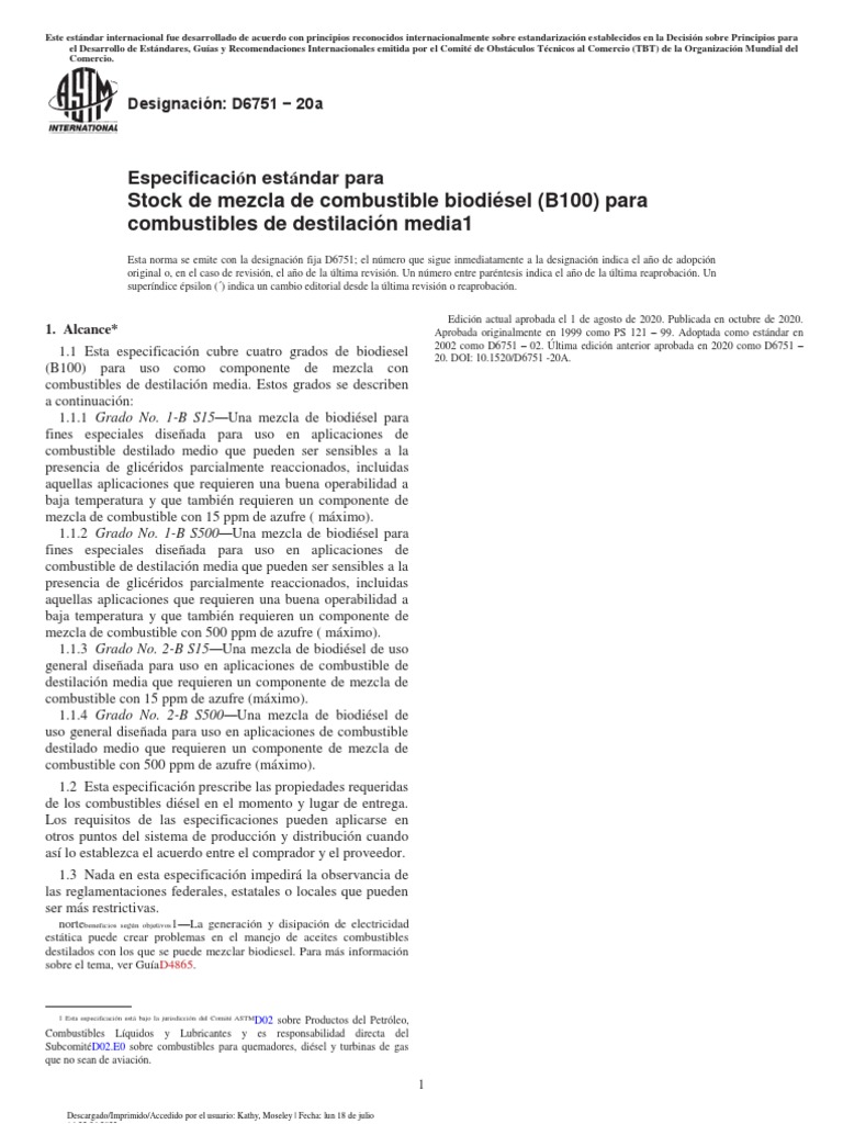 Biodiesel Fuel (B100) ASTM Standard - Es | Descargar gratis PDF ...
