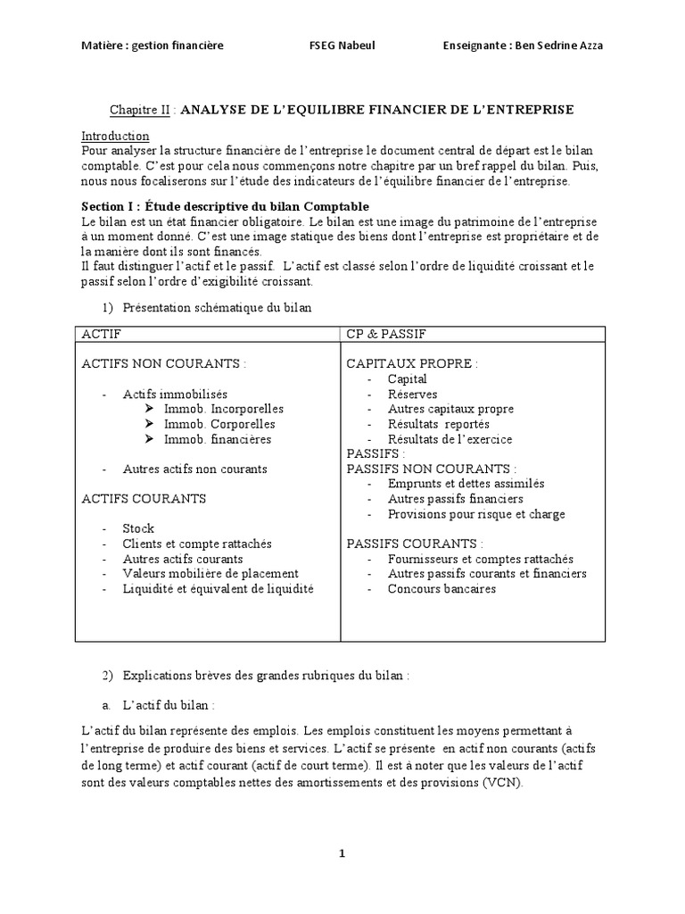 Analyse de l'Équilibre Financier | PDF | Fonds de roulement | Bilan comptable