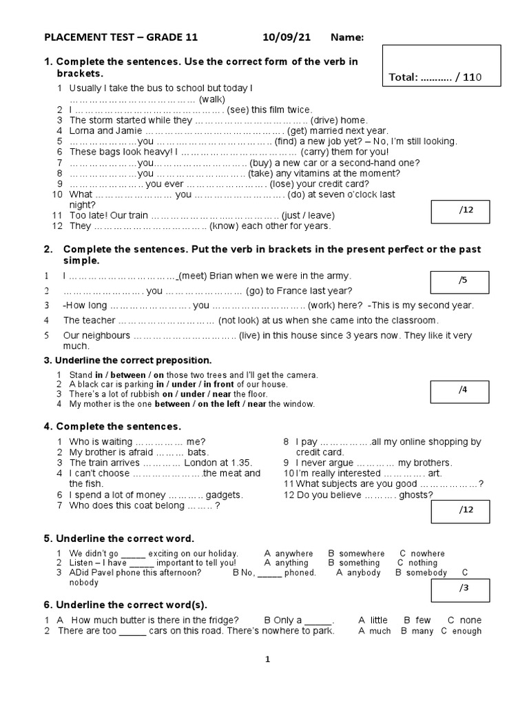 Grade 11 English Placement Test | PDF