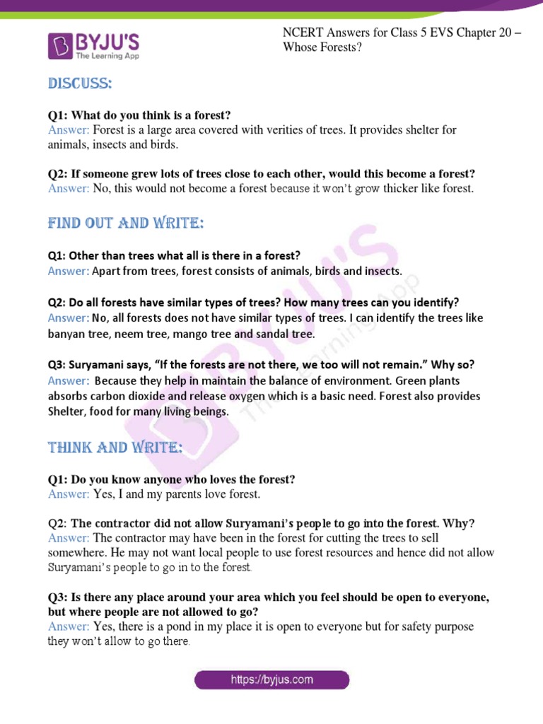 NCERT Answers For Class 5 EVS Chapter 20 Whose Forests | PDF | Trees ...