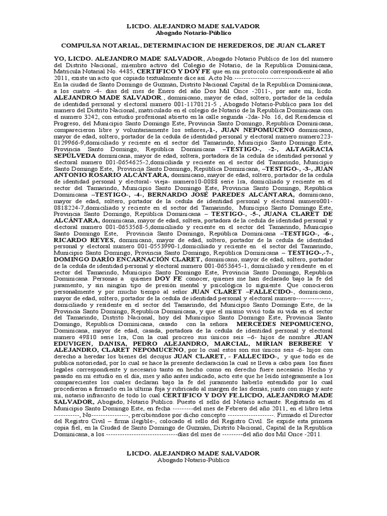 Compulsa Notarial Determinacion de Herederos Juan Claret | PDF | República Dominicana