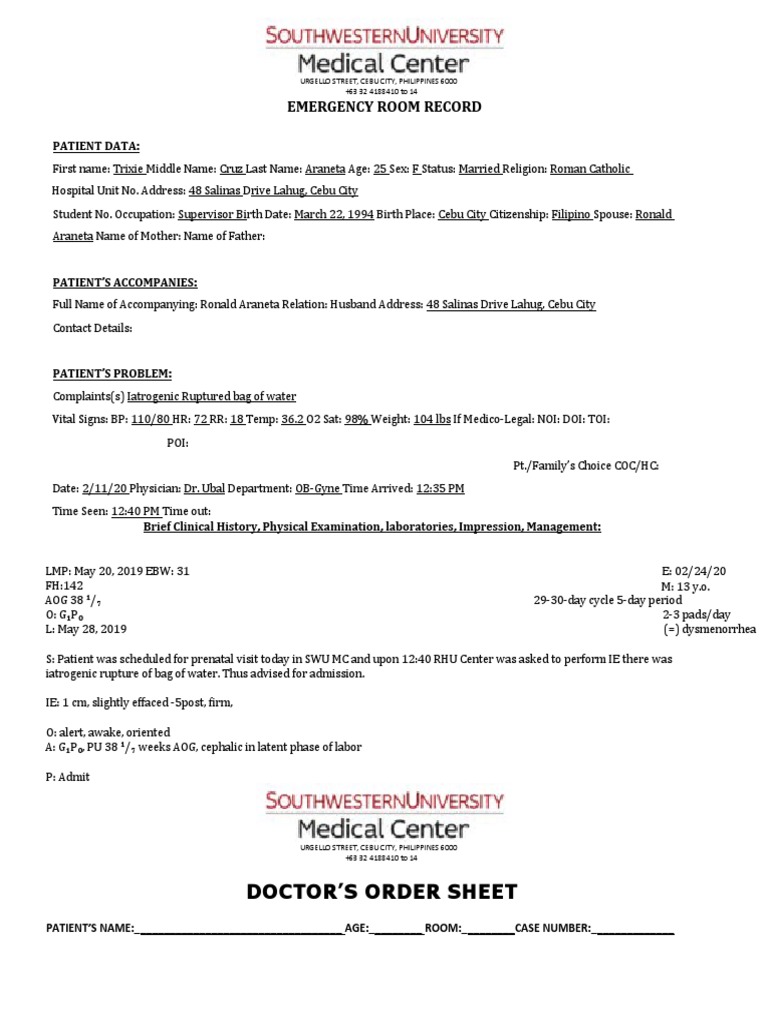 Emergency Room Record: Doctor'S Order Sheet | Download Free PDF ...