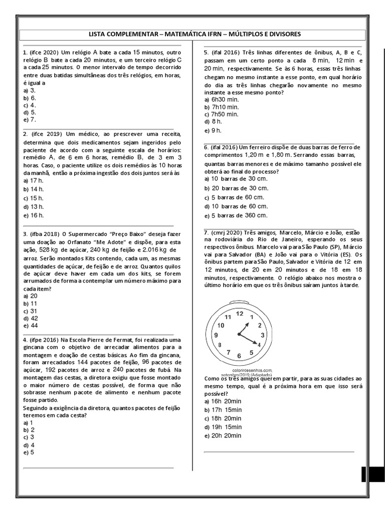 Exercícios Complementares MMC e MDC | PDF