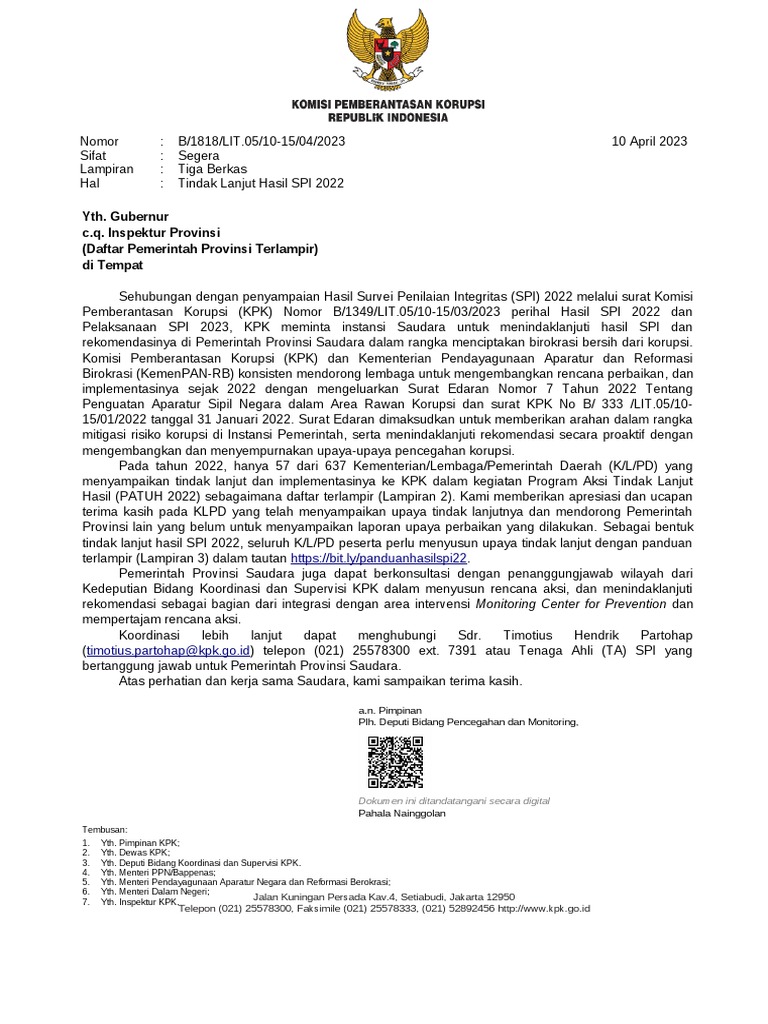 Surat TL Hasil SPI 2022 | PDF