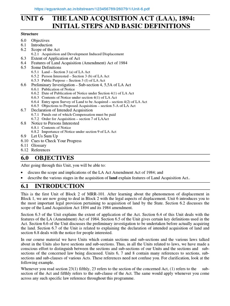 Unit-6 (IGNOU) - LAA, 1894-Salient Features | PDF | Eminent Domain | Justice