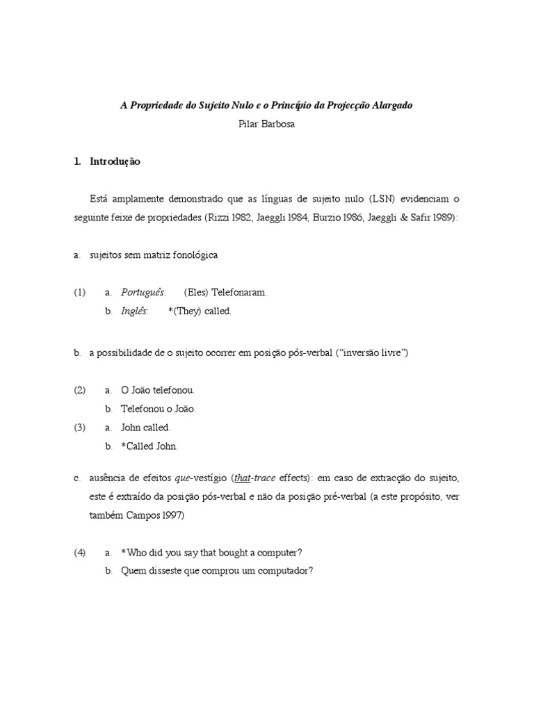 A Propriedade Do Sujeito Nulo e o Princi | PDF | Assunto (gramática ...