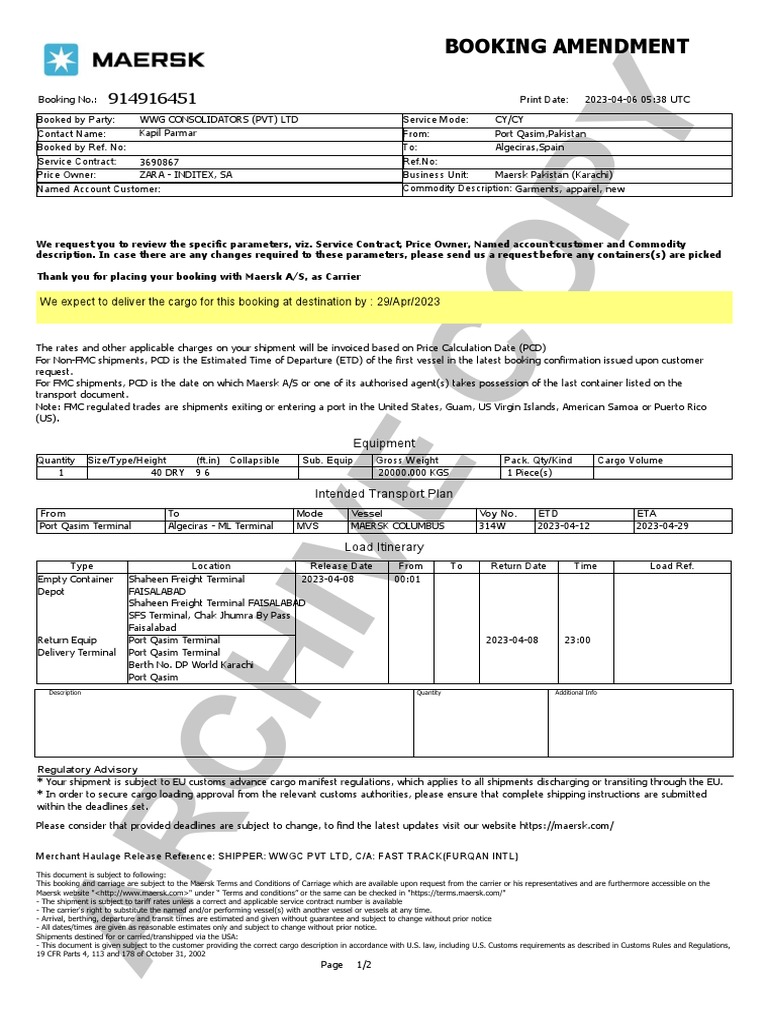 Confirmation-914916451 (1) .PDF - Revised | PDF | Cargo | Freight Transport