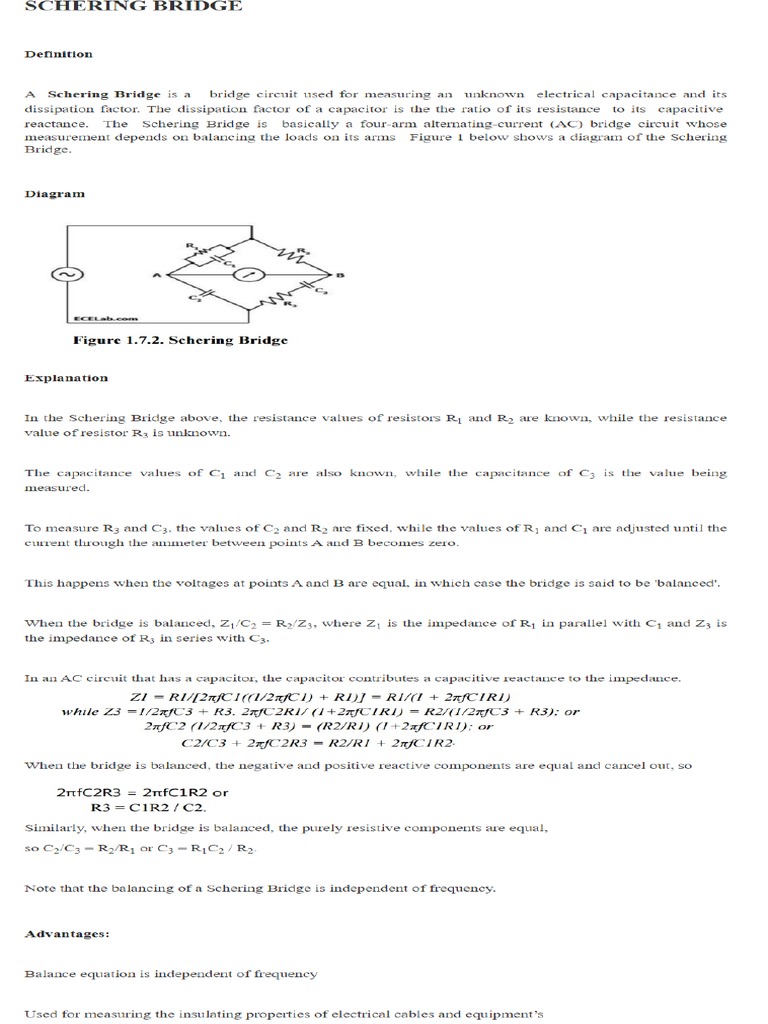Schering Bridge Definition Circuit Diagram Explanation Advantages | PDF