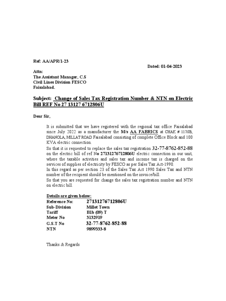 Application For Change NTN On Fesco Bill | PDF