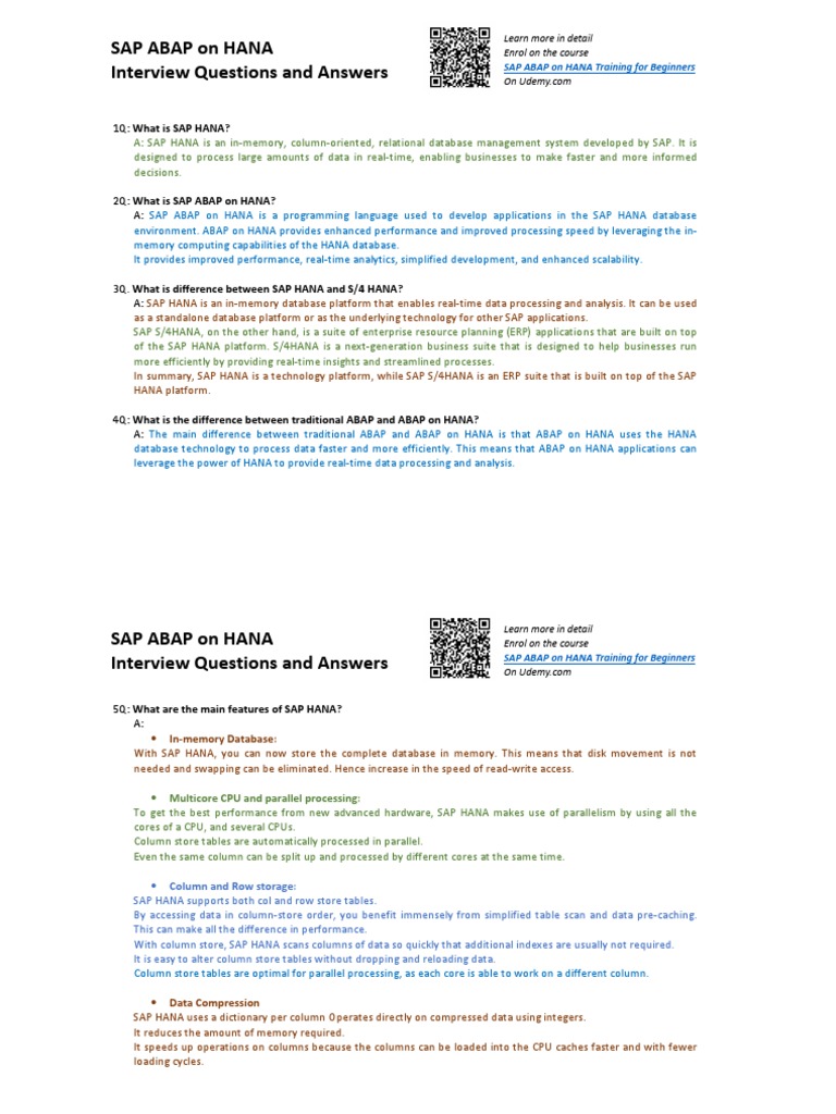 SAP ABAP On HANA Questions and Answers | PDF | Databases | Sql