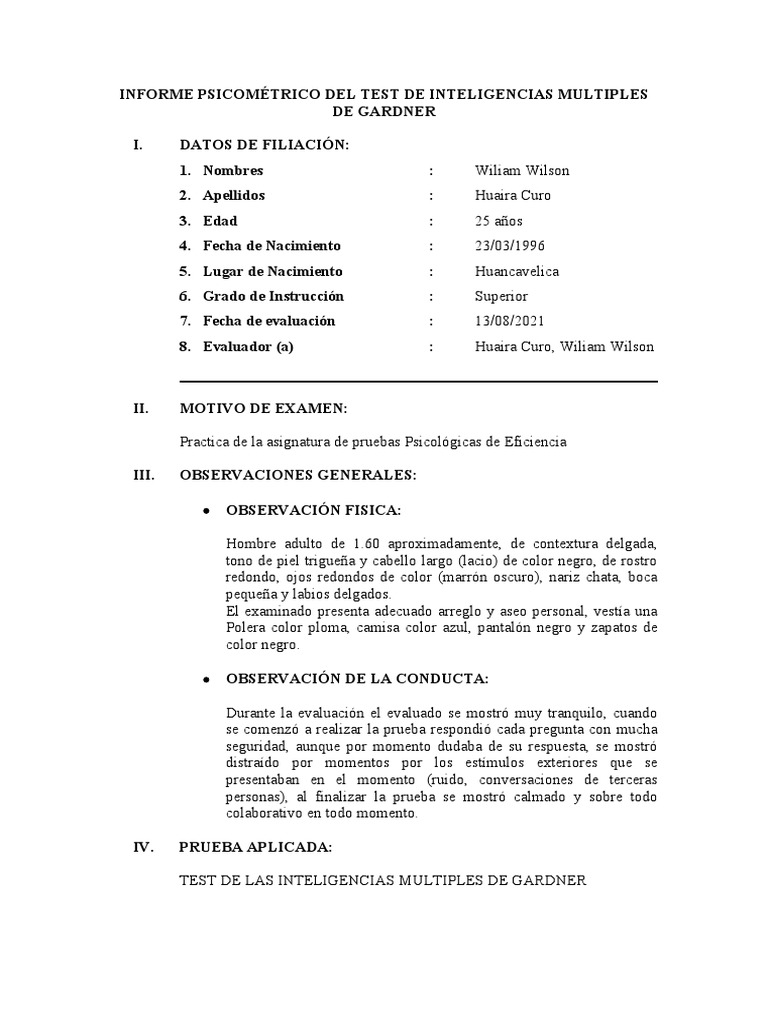 Informe Psicométrico Del Test de Inteligencias Multiples | PDF ...