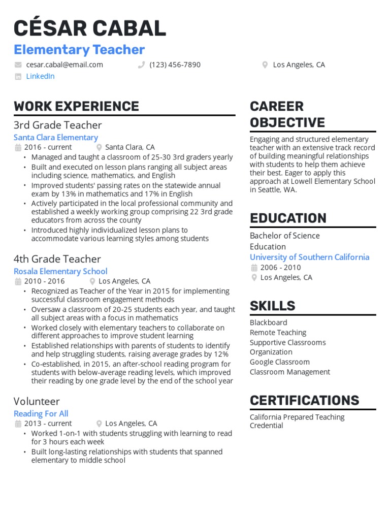 Elementary School Teacher Resume Example | PDF | Teachers | Classroom
