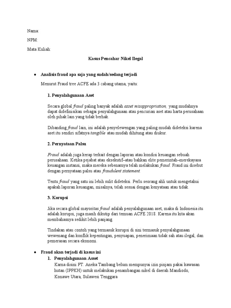 Kasus Pencahar Nikel Ilegal - Tugas Audit Investigasi - Athaya Sekar Noviana - 120110190049 | PDF