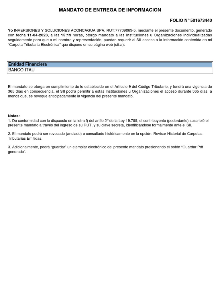 Mandato de Entrega de Informacion: FOLIO #501673440 | PDF