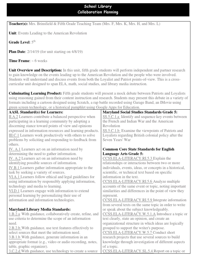 Brinsfield slm509 Collaborative Unit Plan 1 | PDF | Information | Teachers