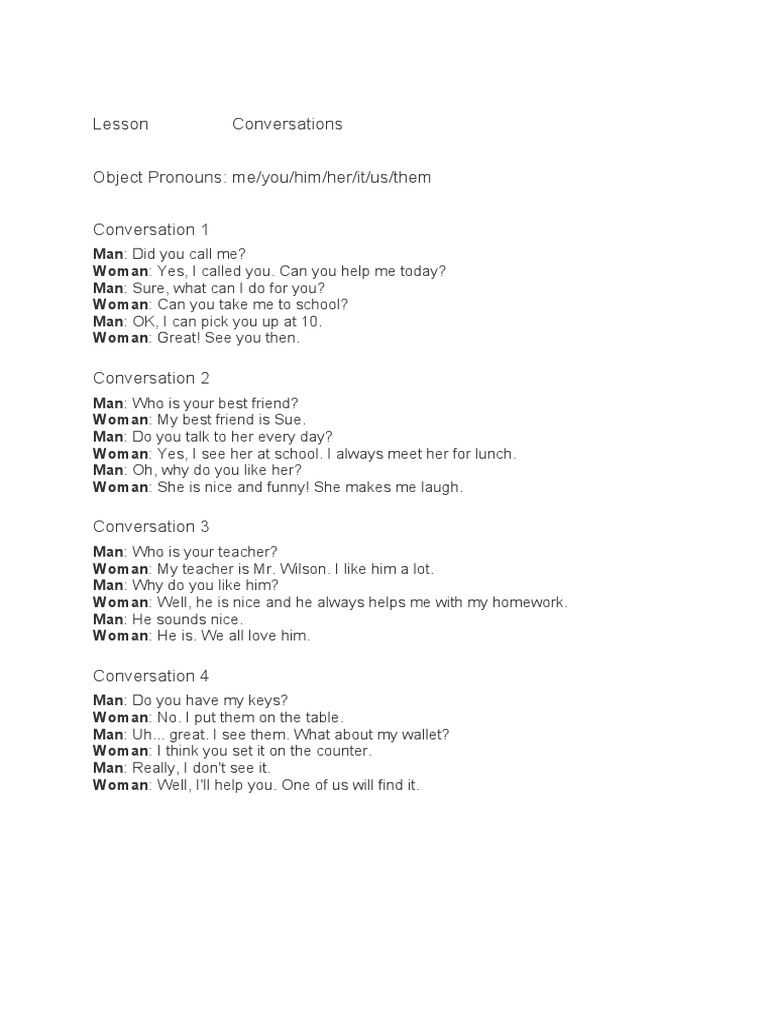Lesson Object Pronouns Conversations | PDF