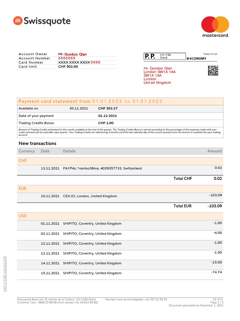 Monthly Payment Card Statement Overview | PDF | Debit Card | Payments