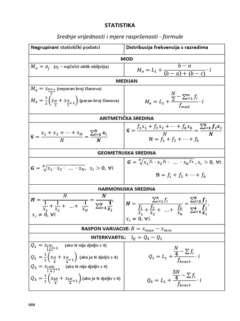 Formule - Srednje Vrijednosti I Mjere Rasprå¡enosti | PDF