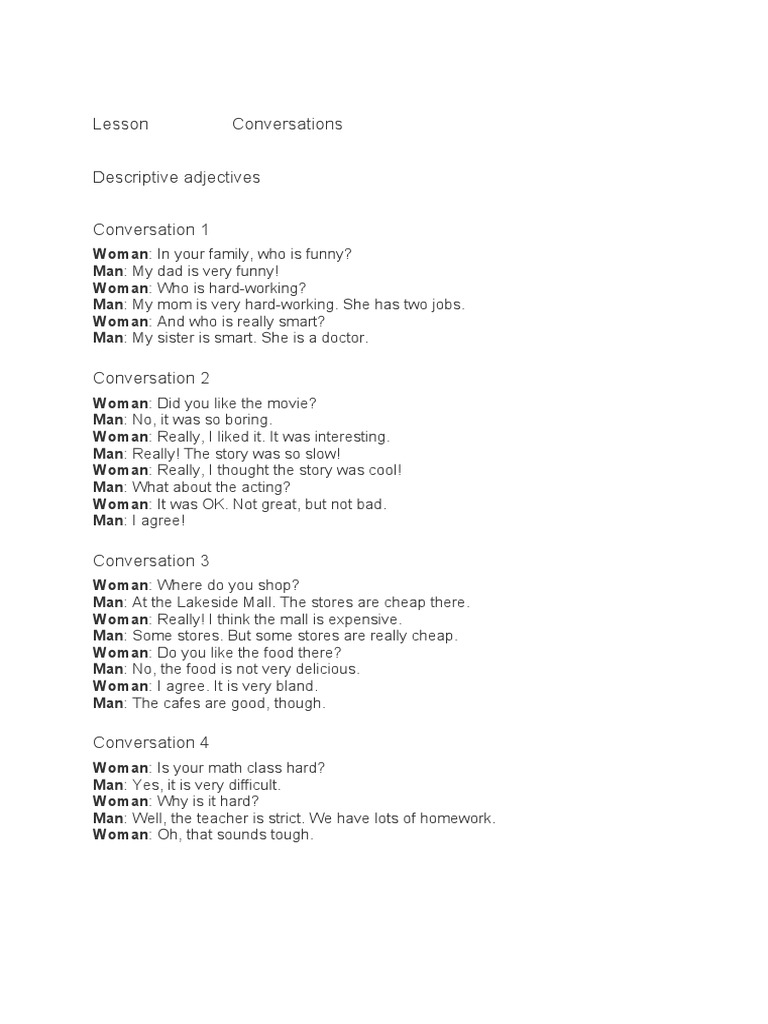 Lesson Conversations Descriptive Adjectives Conversation 1 | PDF
