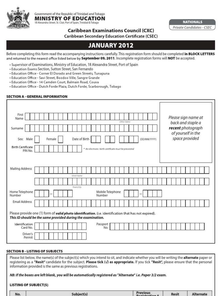 CXC Application Form Private National CSEC JAN | PDF
