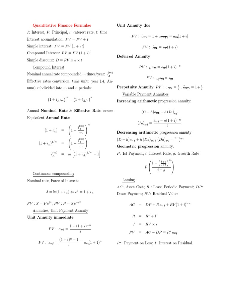 Quantitative Finance Formula Sheet | PDF | Money | Personal Finance