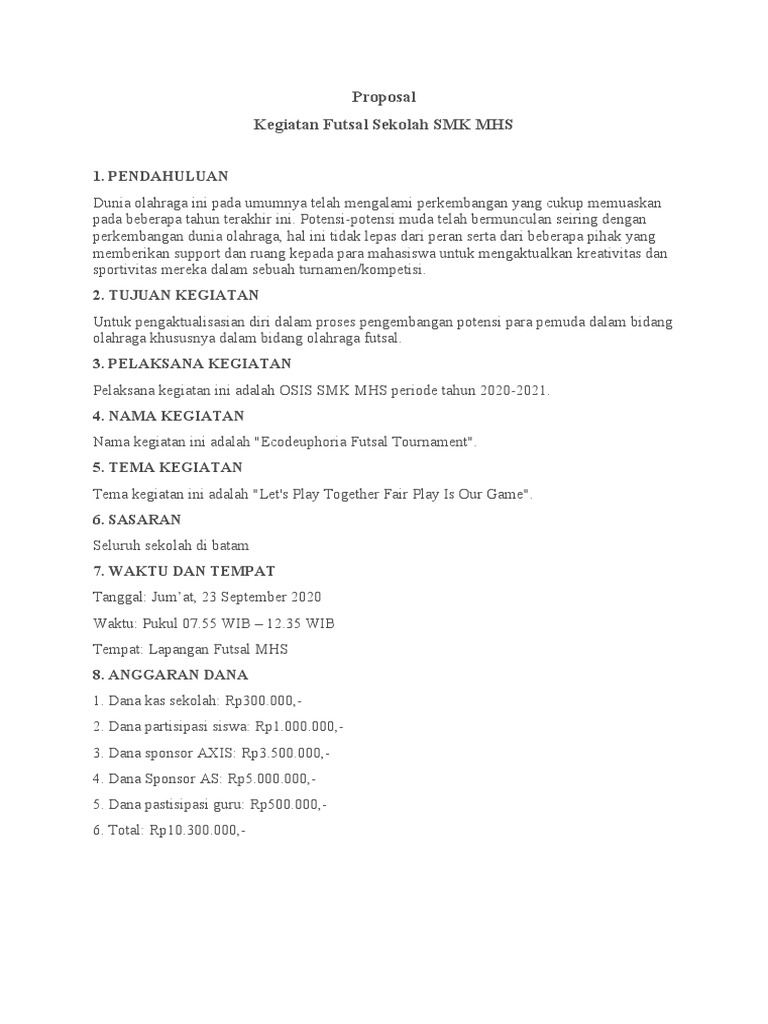 Pendahuluan: Proposal Kegiatan Futsal Sekolah SMK MHS | PDF | Karier ...