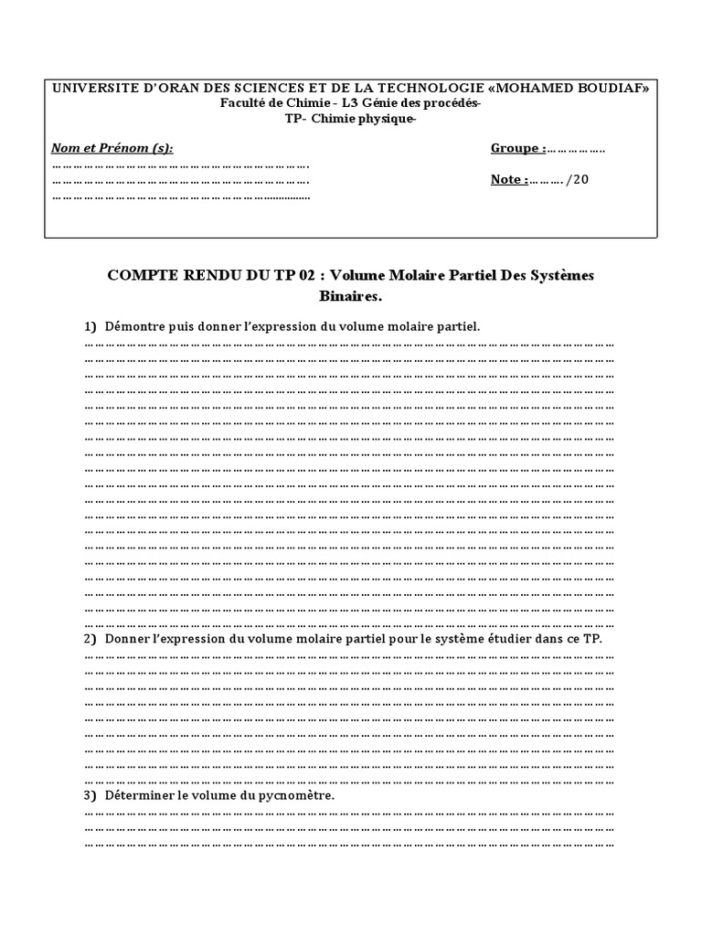 COMPTE RENDU TP 02 Volume Molaire Partiel | PDF