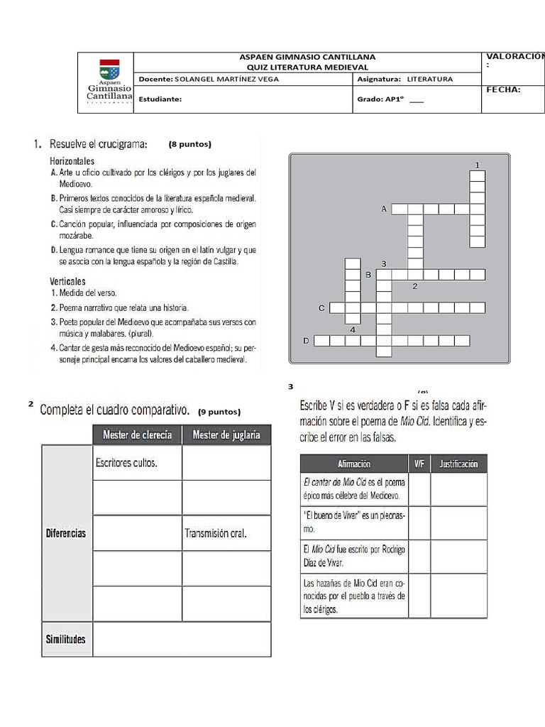 Quiz de Literatura Medieval para AP1° | PDF | Edades medias ...