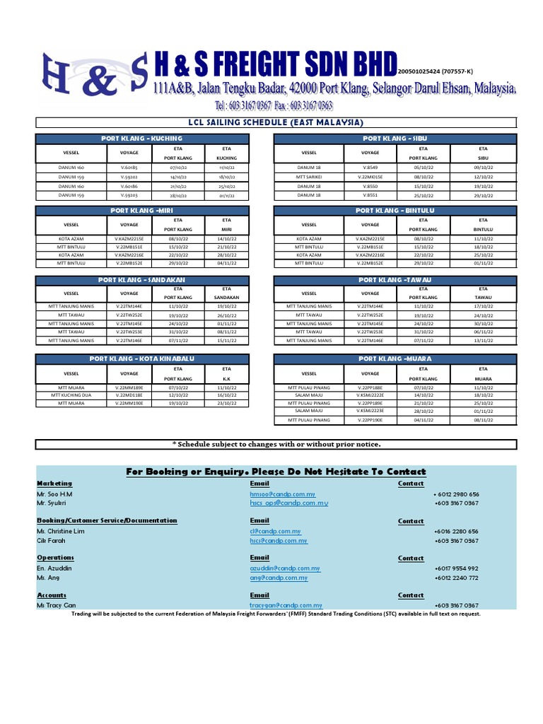 FCL Sailing Schedule (East Malaysia) | PDF