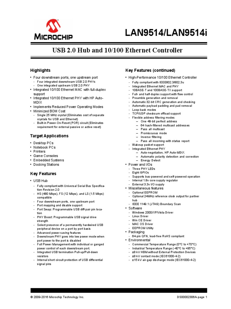 Lan9514 Usb2.0 and Fast Ether Controller | PDF | Usb | Microcontroller