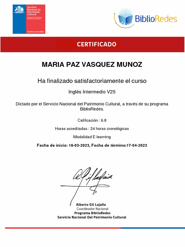 Certificado de Curso Inglés Intermedio | PDF